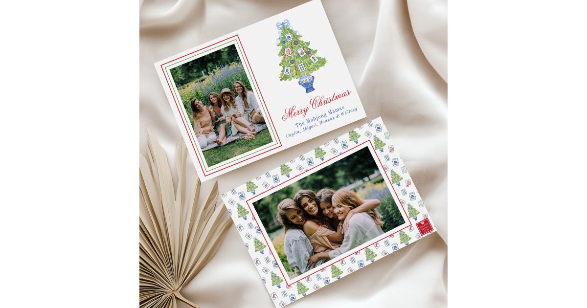 Watercolor Mahjong Christmas Tree Photo Holiday Card | Zazzle