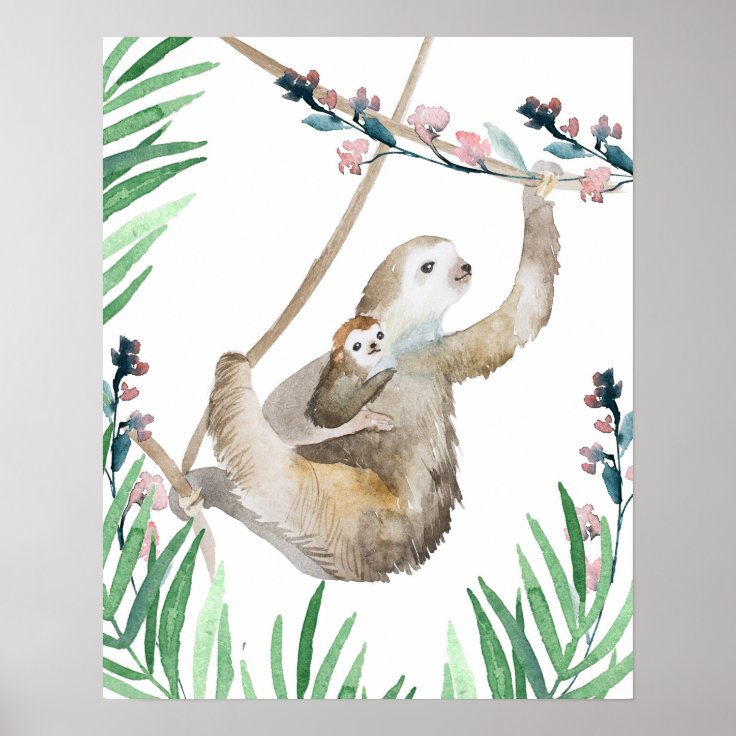 Watercolor mama and baby Sloth Poster | Zazzle