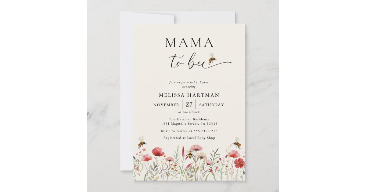 Watercolor Mama to Bee Wildflower Baby Shower Invitation | Zazzle