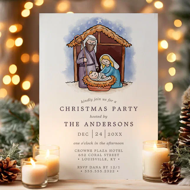 Watercolor Manger Nativity Scene Christmas Party Invitation | Zazzle