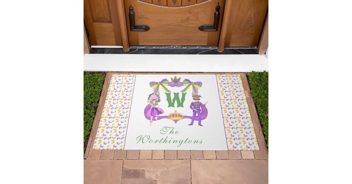 Watercolor Mardi Gras Monogram Crest Doormat | Zazzle