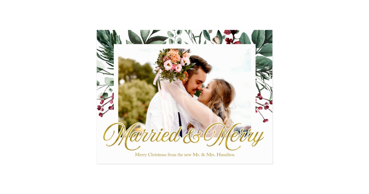 Watercolor Married And Merry Christmas Photo Postcard | Zazzle.com