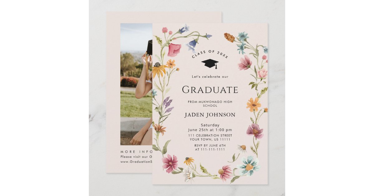 Watercolor Meadow Wildflower Boho Graduation Party Invitation | Zazzle