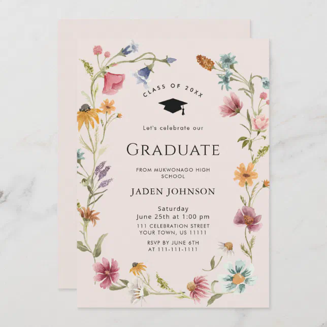 Watercolor Meadow Wildflower Boho Graduation Party Invitation | Zazzle