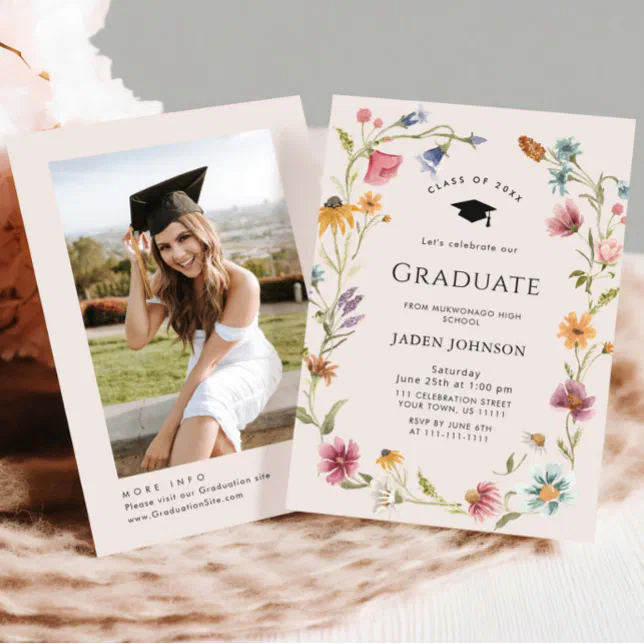 Watercolor Meadow Wildflower Boho Graduation Party Invitation | Zazzle