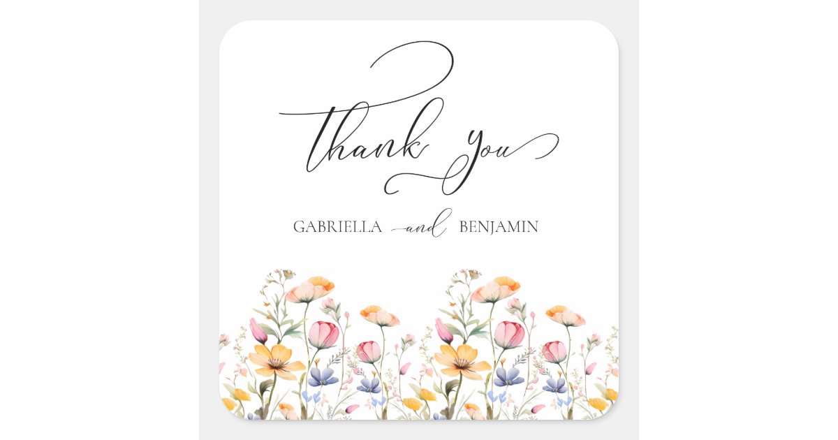 Watercolor Meadow Wildflower Thank You Wedding Square Sticker | Zazzle