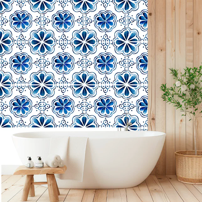 Watercolor Mediterranean Blue Tile Wallpaper | Zazzle