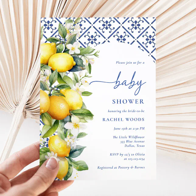 Watercolor Mediterranean Lemon Baby Shower Invitation | Zazzle