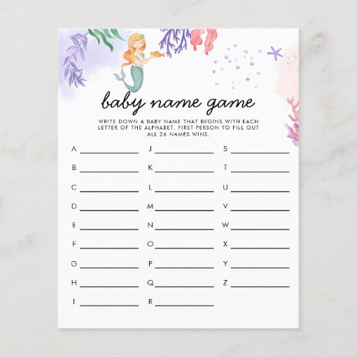 Watercolor Mermaid Baby Shower Game Name Game | Zazzle