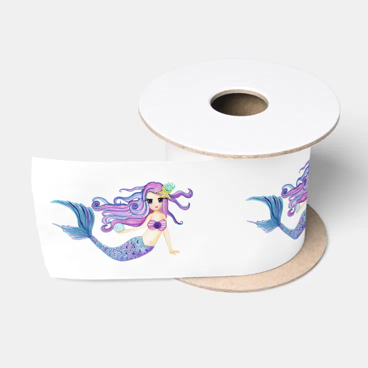 Watercolor Mermaid Birthday Party Satin Ribbon | Zazzle