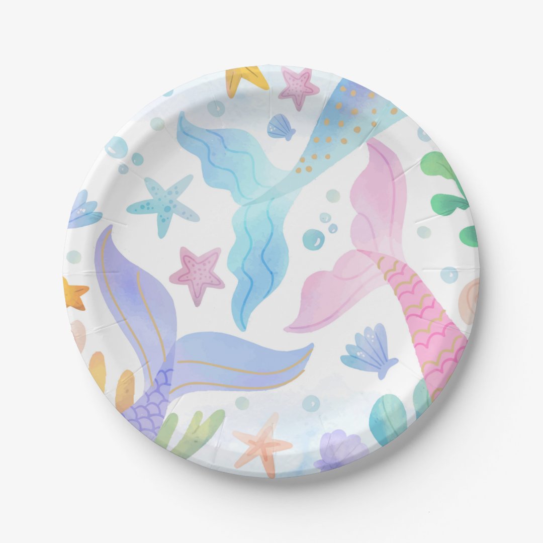 Watercolor Mermaid Tail Under The Sea Party Paper Plates | Zazzle