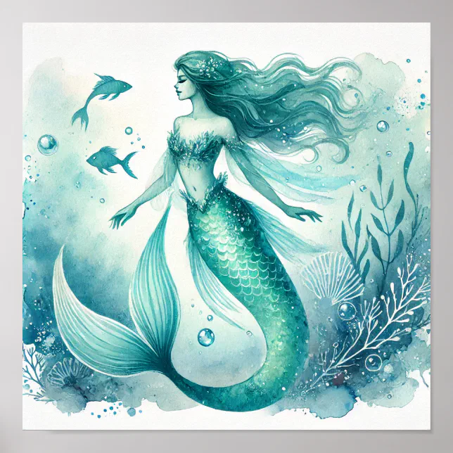 Watercolor Mermaid Wall Art Posters | Zazzle