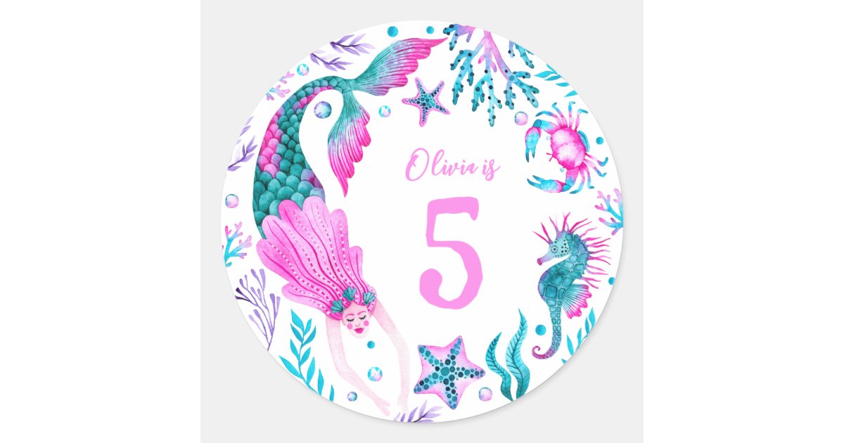 Watercolor Mermaids, Sea Shells + Ocean Creatures Classic Round Sticker ...