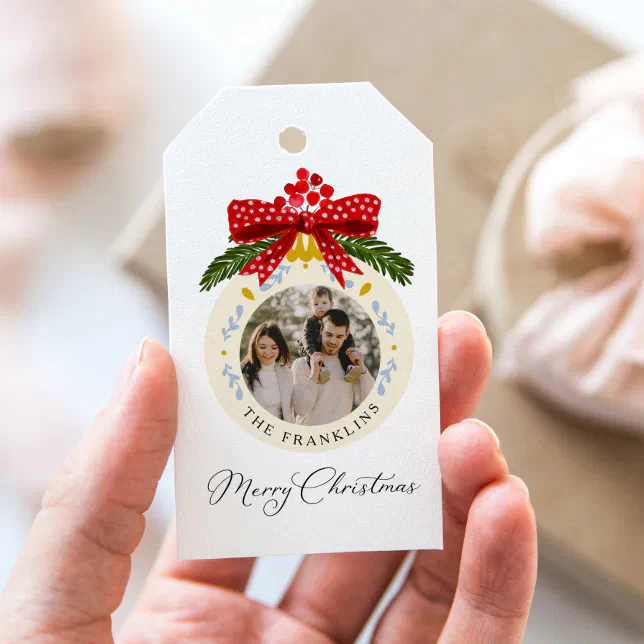 Watercolor Merry Christmas Photo Gift Tag | Zazzle