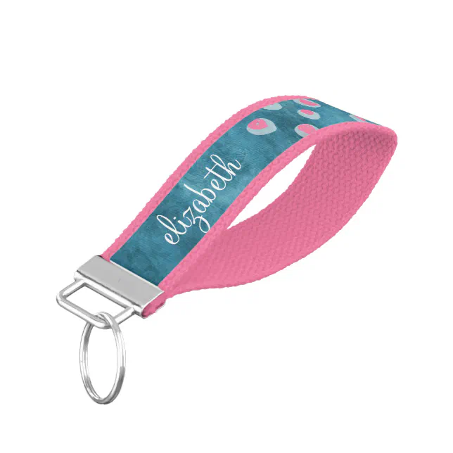 Watercolor Messy Polka Dots - blue and pink Wrist Keychain | Zazzle
