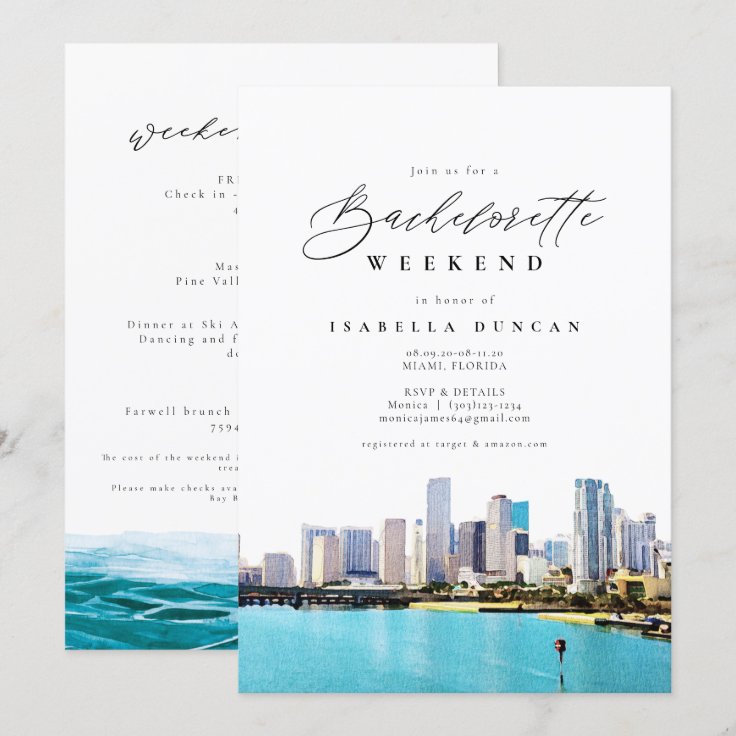 Watercolor Miami Skyline Tropical Beach Island Invitation | Zazzle
