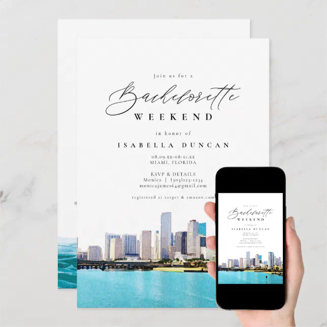 Watercolor Miami Skyline Tropical Beach Island Invitation | Zazzle