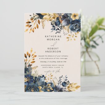 Watercolor Midnight Blue Gold Floral Wedding Invitation | Zazzle