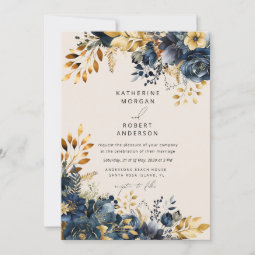 Watercolor midnight blue gold floral wedding invitation | Zazzle
