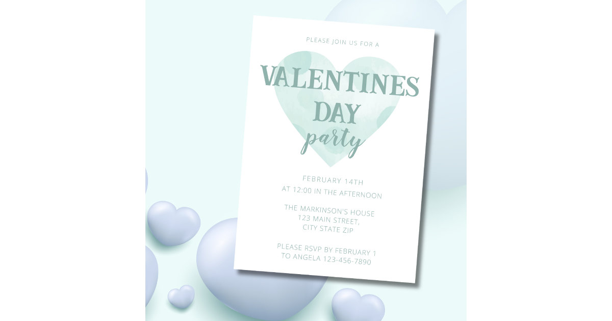 Watercolor Mint Green Hearts Valentines Day Party Invitation | Zazzle