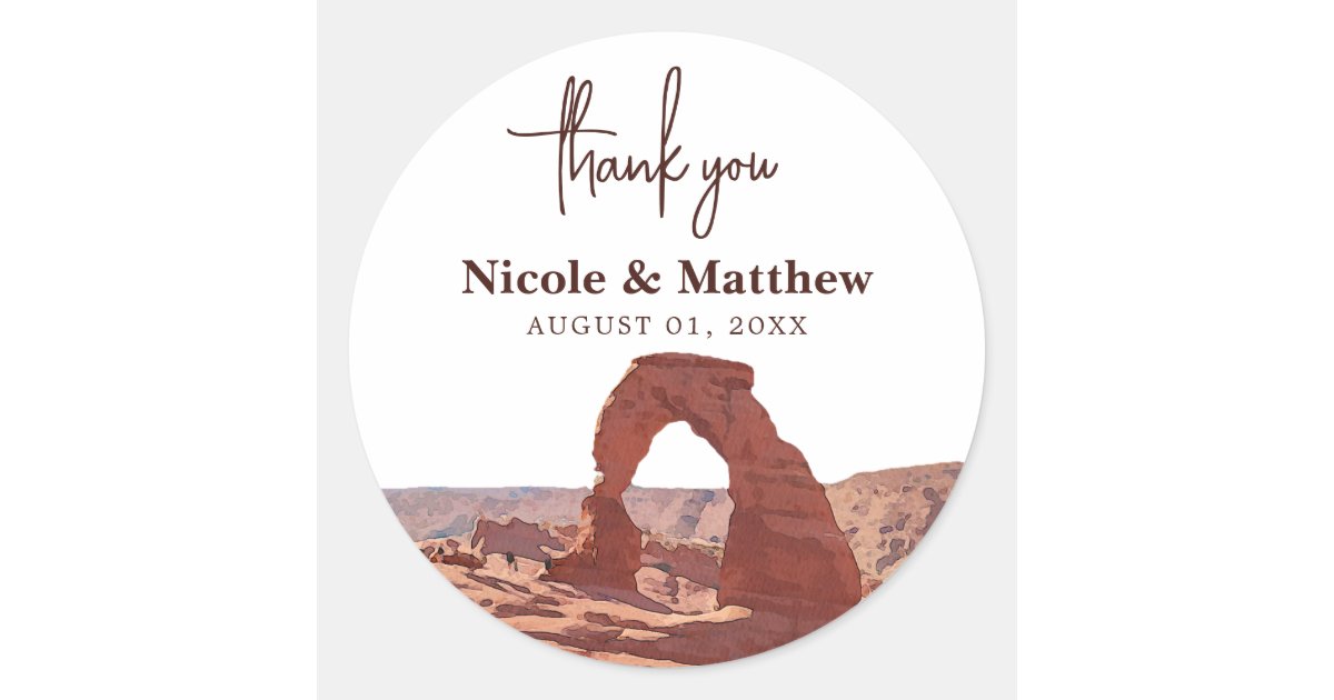Watercolor Moab Arches Park Utah Wedding thank you Classic Round ...