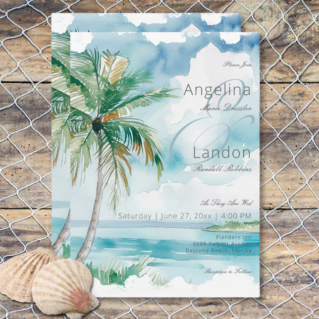 Watercolor Modern Palms & Beach Scene Wedding Invitation | Zazzle