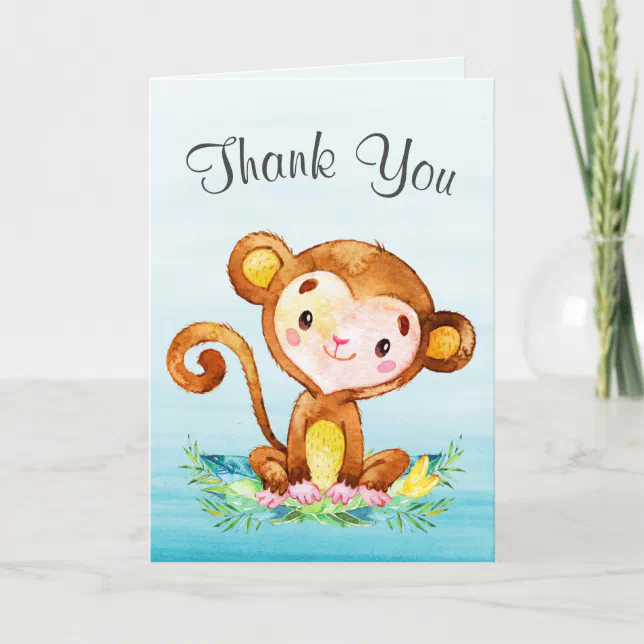 Watercolor Monkey Boy Thank You | Zazzle