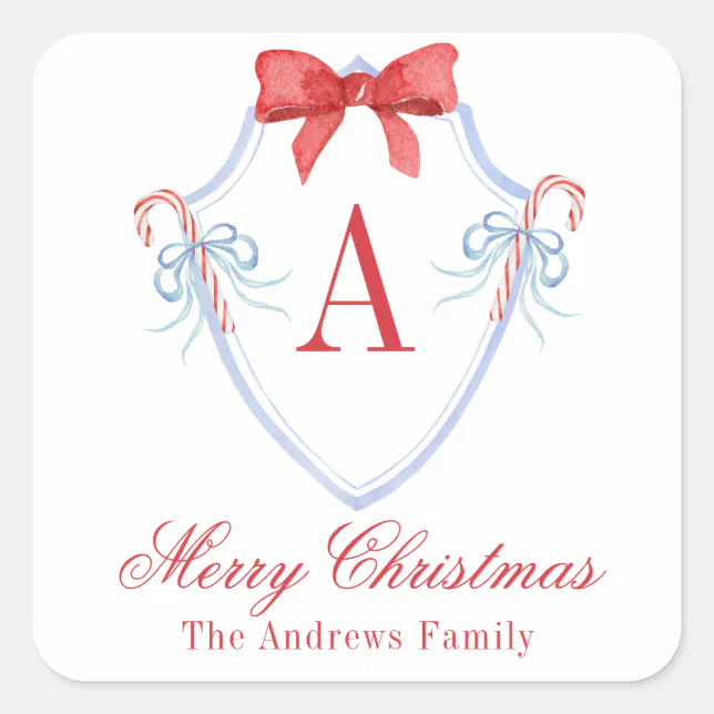 Watercolor Monogram Bow Candy Cane Crest Square Sticker | Zazzle