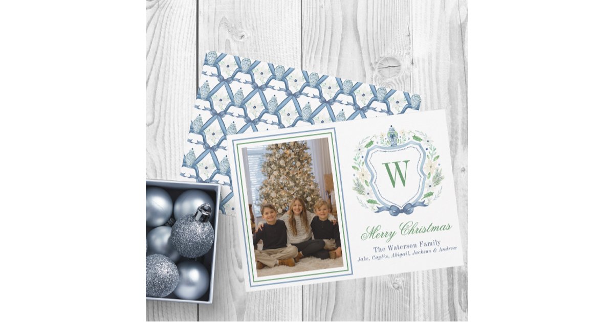 Watercolor Monogram Chinoiserie Jar Crest Photo Holiday Card | Zazzle