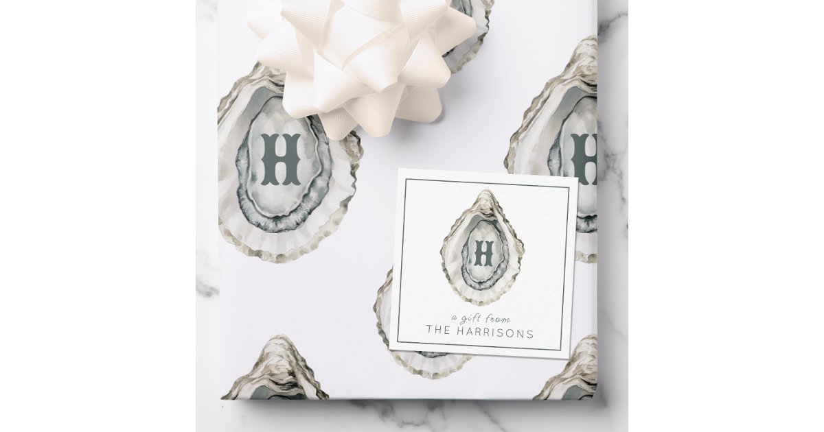 Watercolor Monogram Coastal Oyster Note Card | Zazzle
