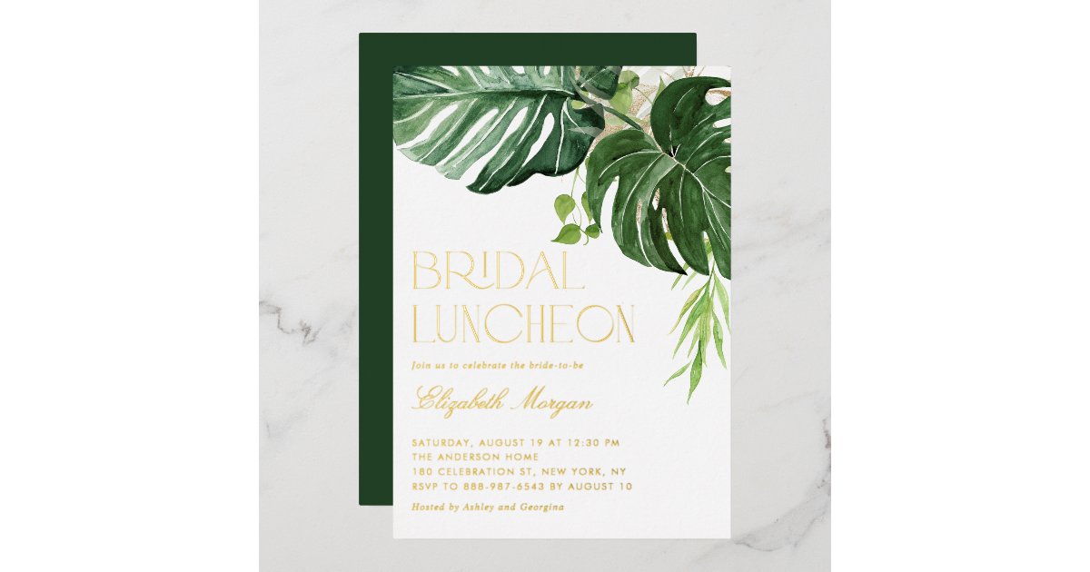 Watercolor Monstera Leaves Summer Bridal Luncheon Foil Invitation | Zazzle