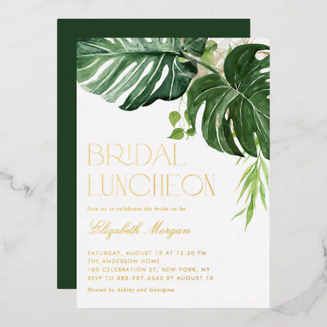 Watercolor Monstera Leaves Summer Bridal Luncheon Foil Invitation | Zazzle