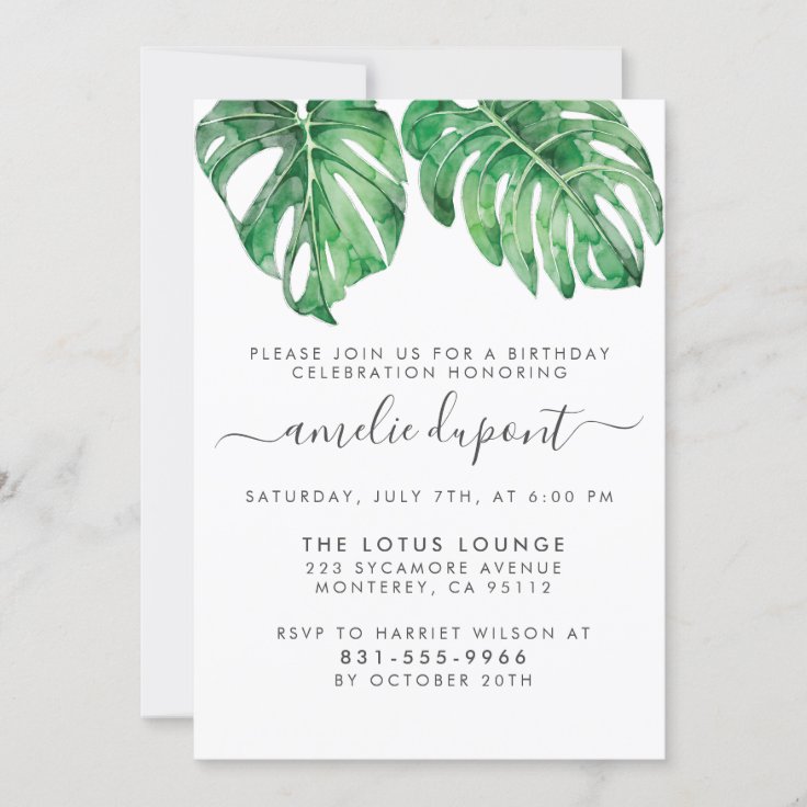 Watercolor Monstera & Modern Script Birthday Party Invitation | Zazzle
