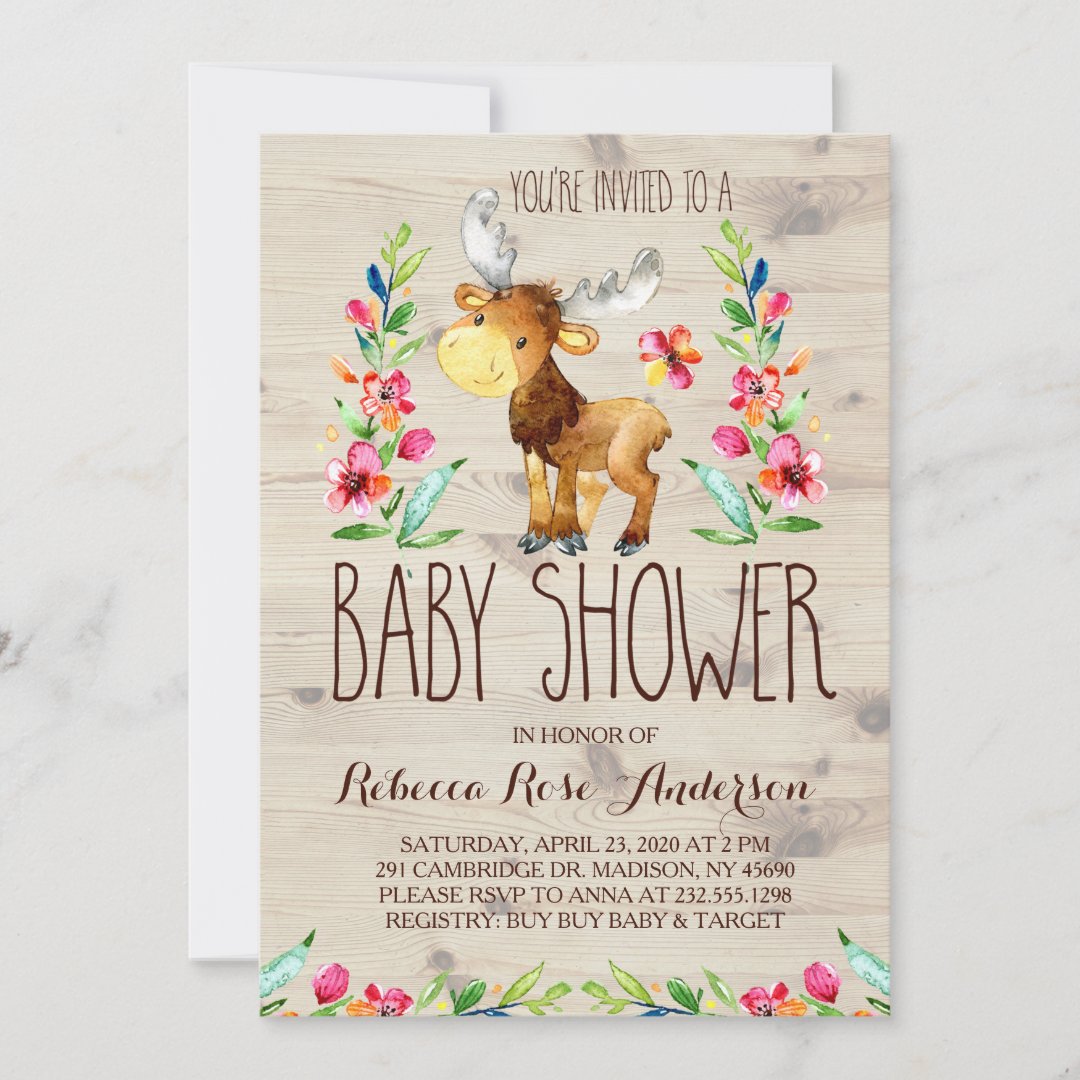 Watercolor Moose Woodland Baby Shower Invitation | Zazzle