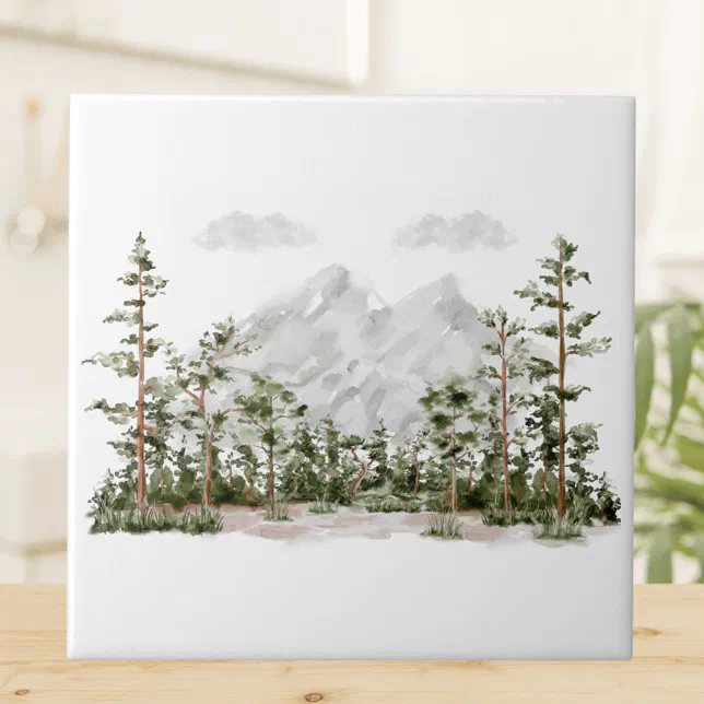 Watercolor Mountain and Forest Ceramic Tile | Zazzle