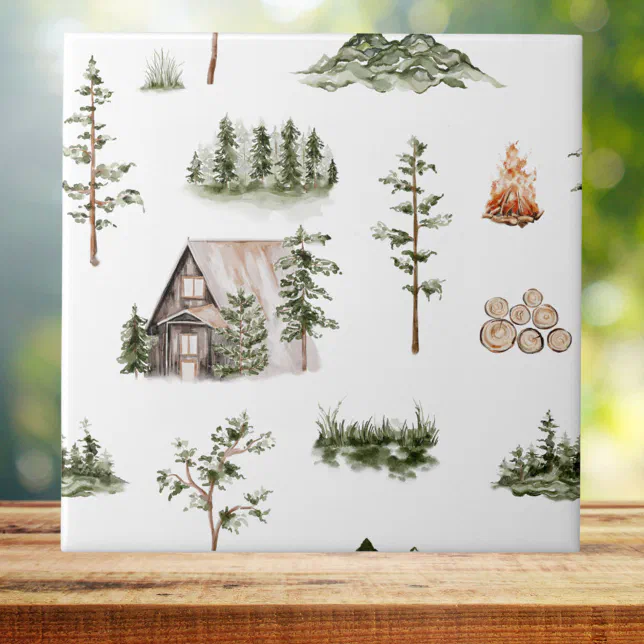 Watercolor Mountain Cabin Forest Seamless Pattern Ceramic Tile | Zazzle
