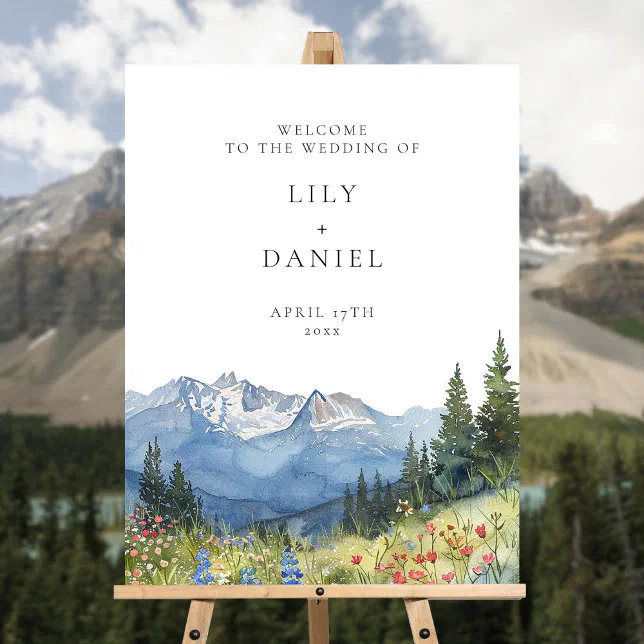 Watercolor Mountain Floral Wedding Welcome Sign | Zazzle