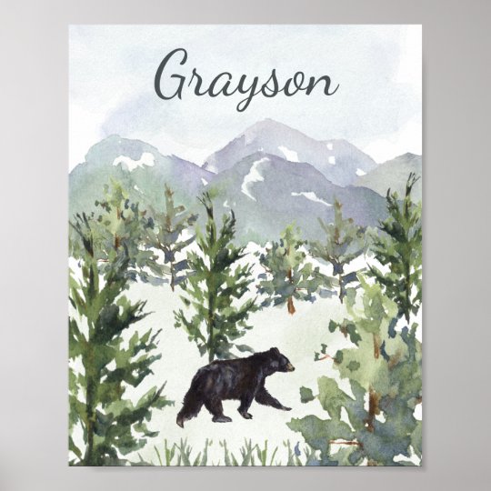 Watercolor Mountain Forest Bear Personalized Poster | Zazzle.com