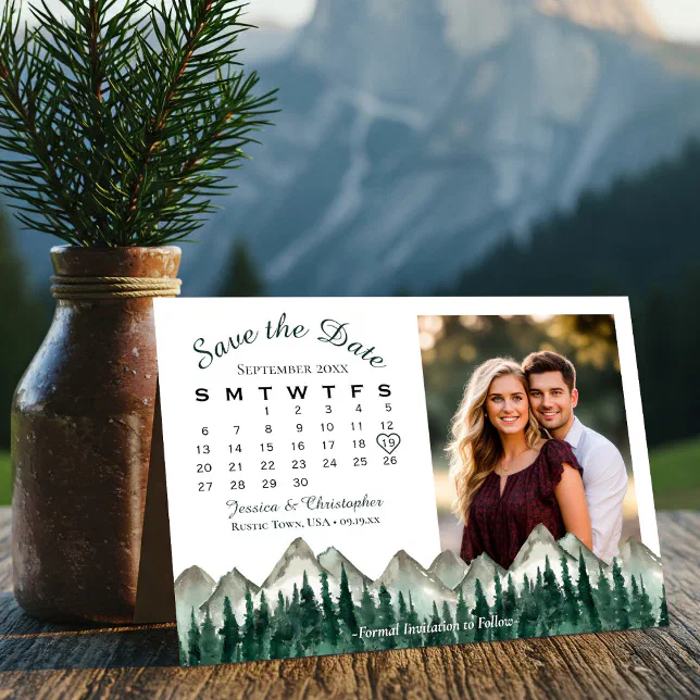 Watercolor Mountain Pine Calendar & Photo Wedding Save The Date | Zazzle