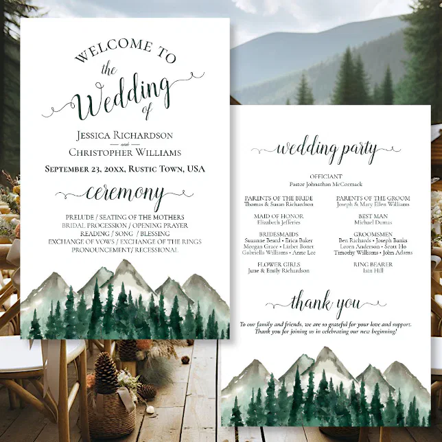 Watercolor Mountain Pines Budget Wedding Program | Zazzle
