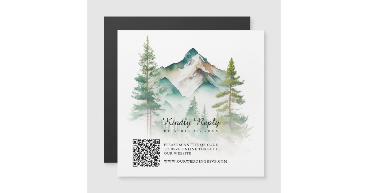 Watercolor Mountain QR Code RSVP Magnetic Card | Zazzle