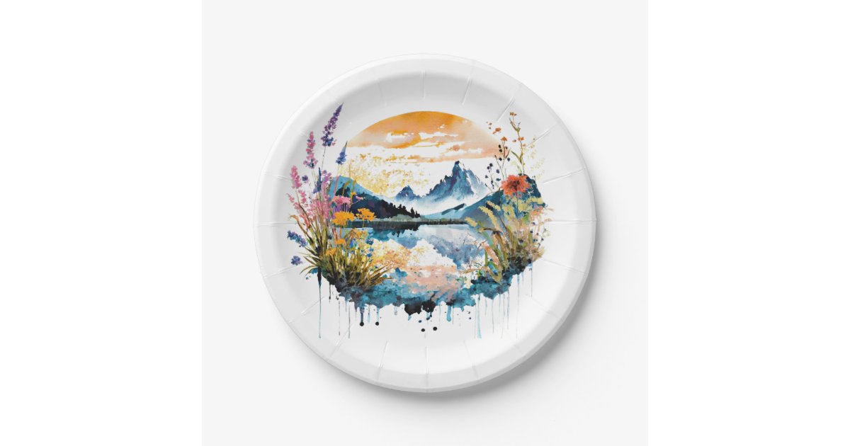 Watercolor mountain scene paper plates | Zazzle