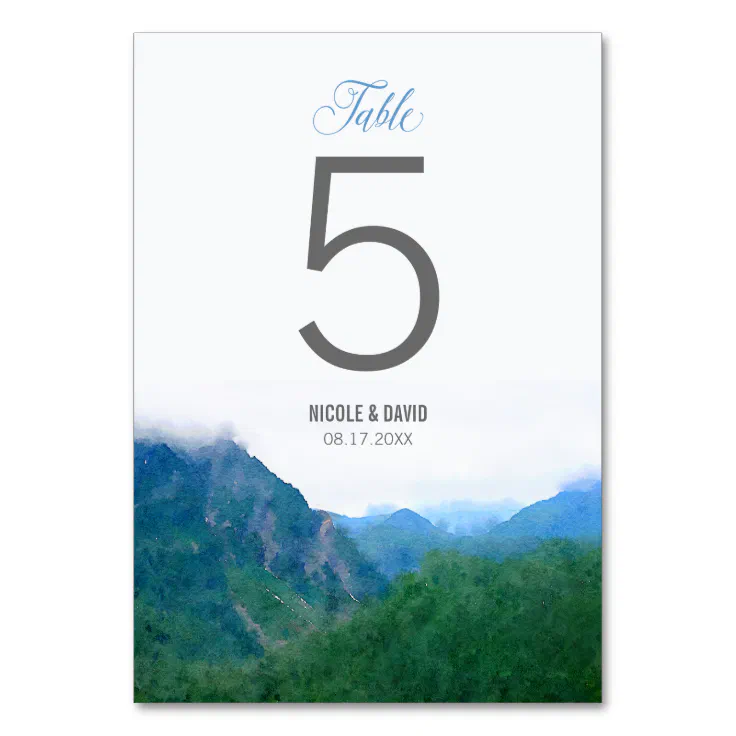 Watercolor Mountain Wedding Table Number | Zazzle