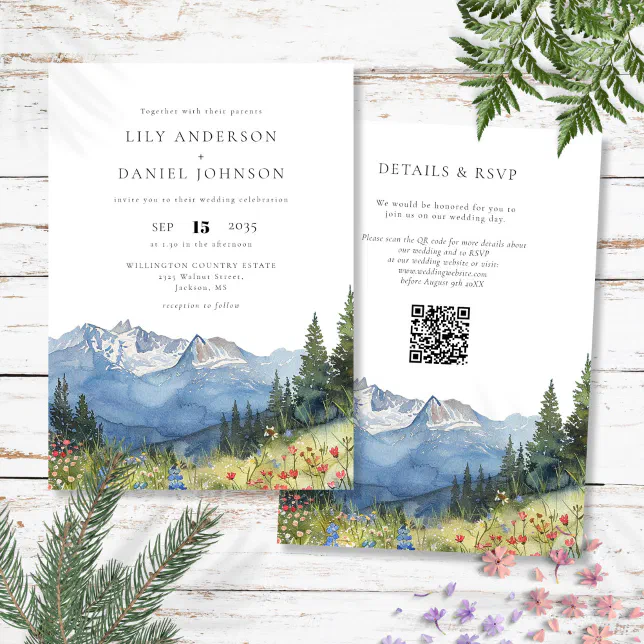 Watercolor Mountain Wildflower QR Code Wedding Invitation | Zazzle