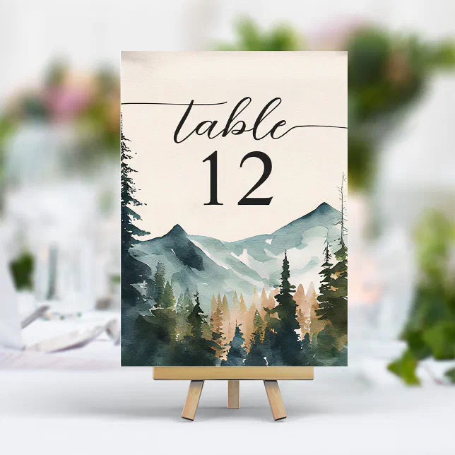 Watercolor Mountains And Pines Wedding Table Number | Zazzle