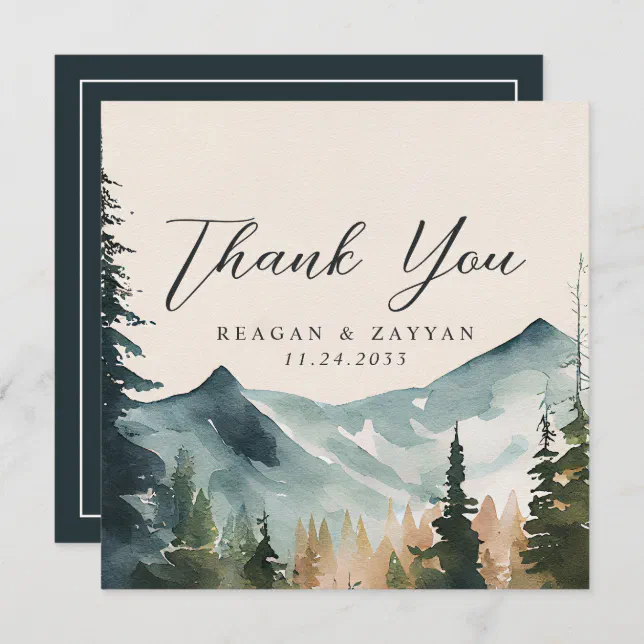 Watercolor Mountains And Pines Wedding Thank You Card | Zazzle