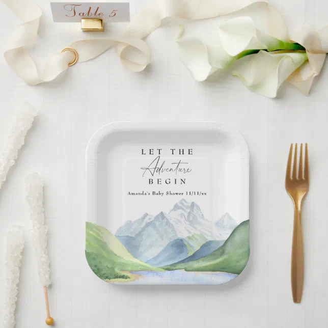 Watercolor mountains - Let the adventure begin Paper Plates | Zazzle