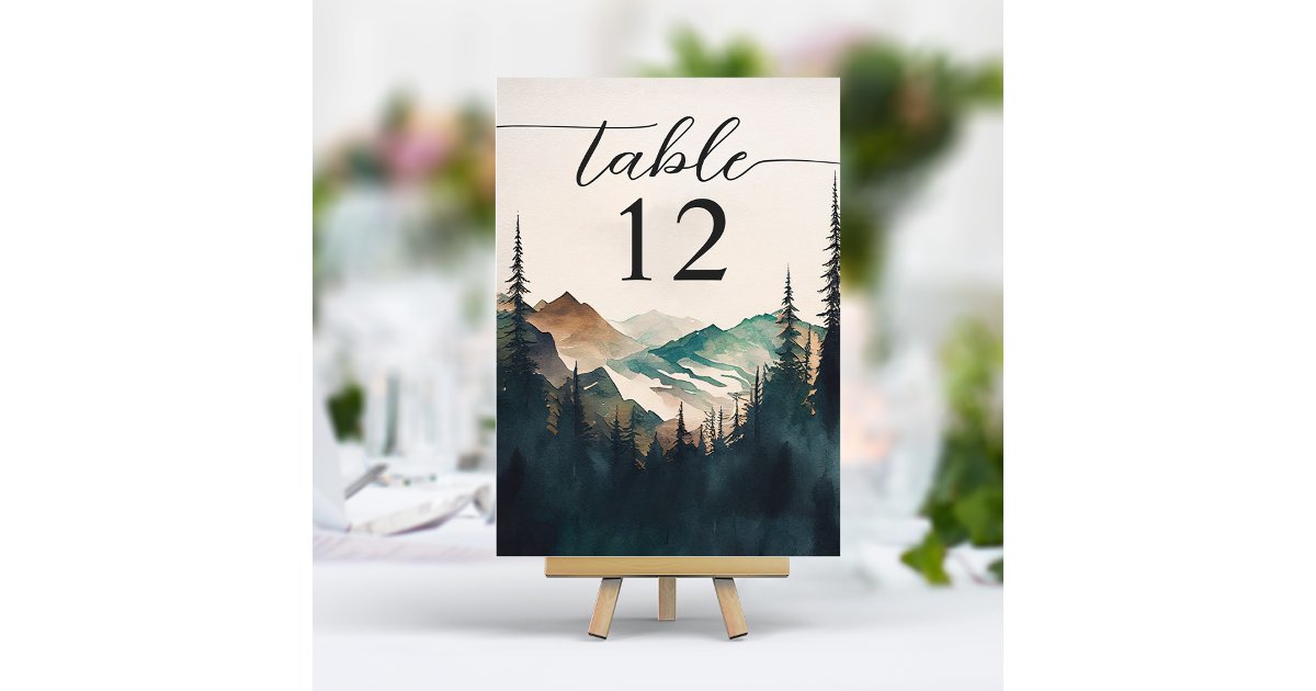 Watercolor Mountains Pine Forest Wedding Table Number | Zazzle