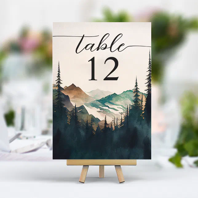 Watercolor Mountains Pine Forest Wedding Table Number | Zazzle