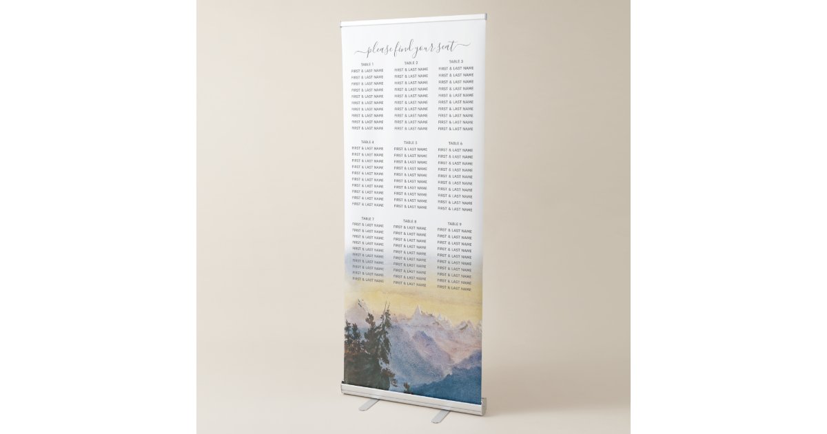 Watercolor Mountains Pine Wedding Seating Chart Retractable Banner | Zazzle